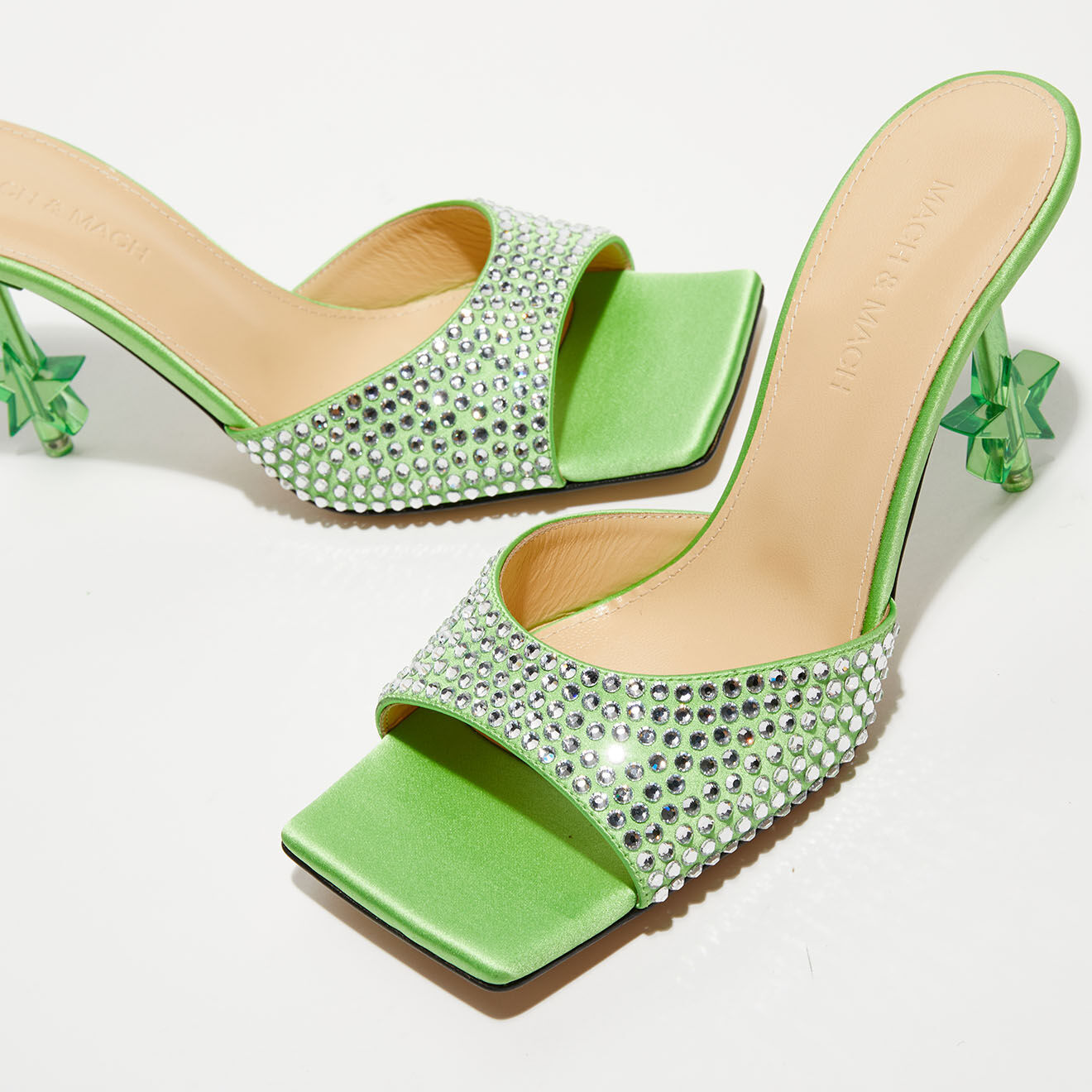 Mules en Satin & Strass vertes - Talon 9 cm - Vente Privée Mach & Mach ...