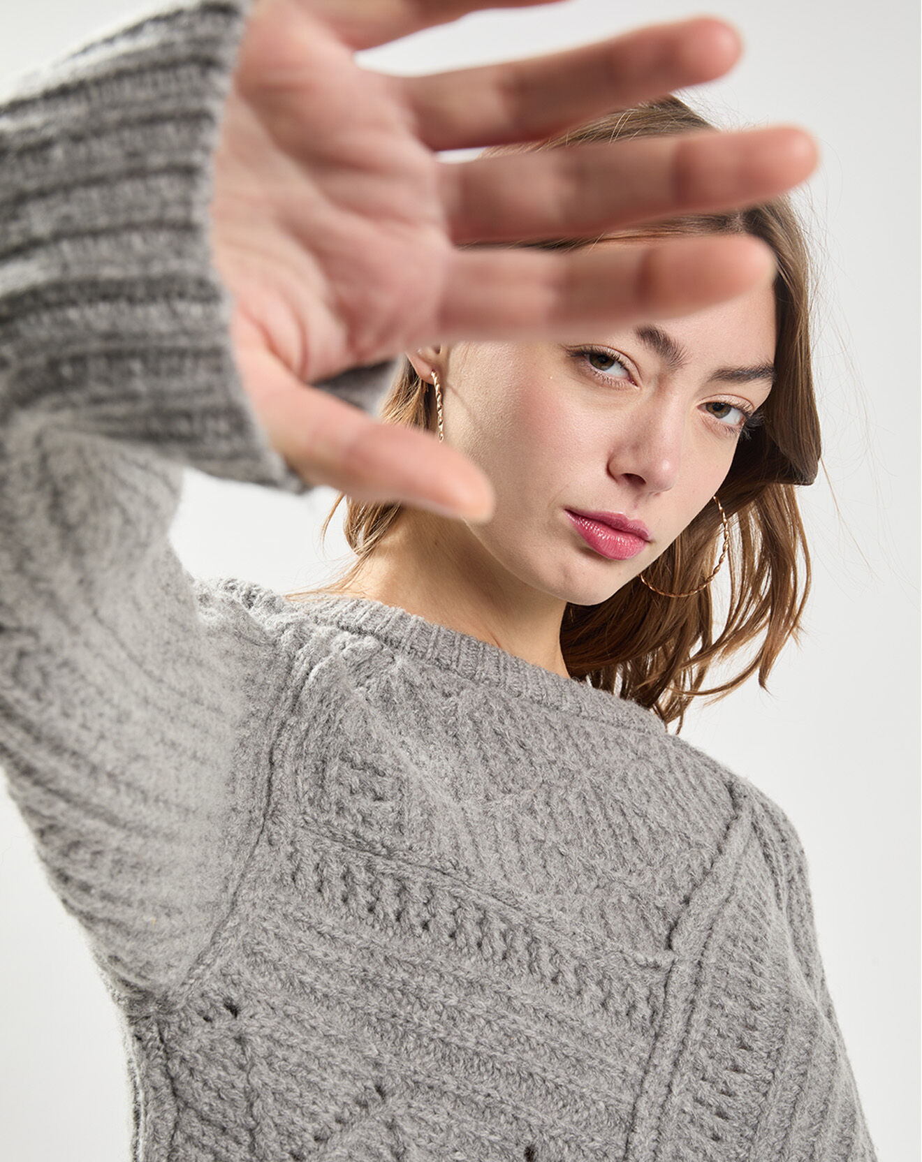 Pull 100% Laine Knitted Cable Patchwork Jumper gris clair - Vente ...