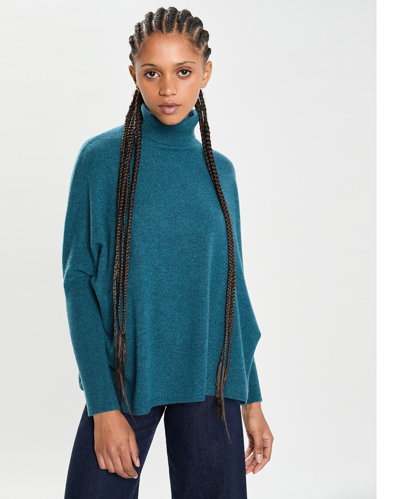 Poncho large 100% Cachemire col roulé Lola heathered teal - Vente ...