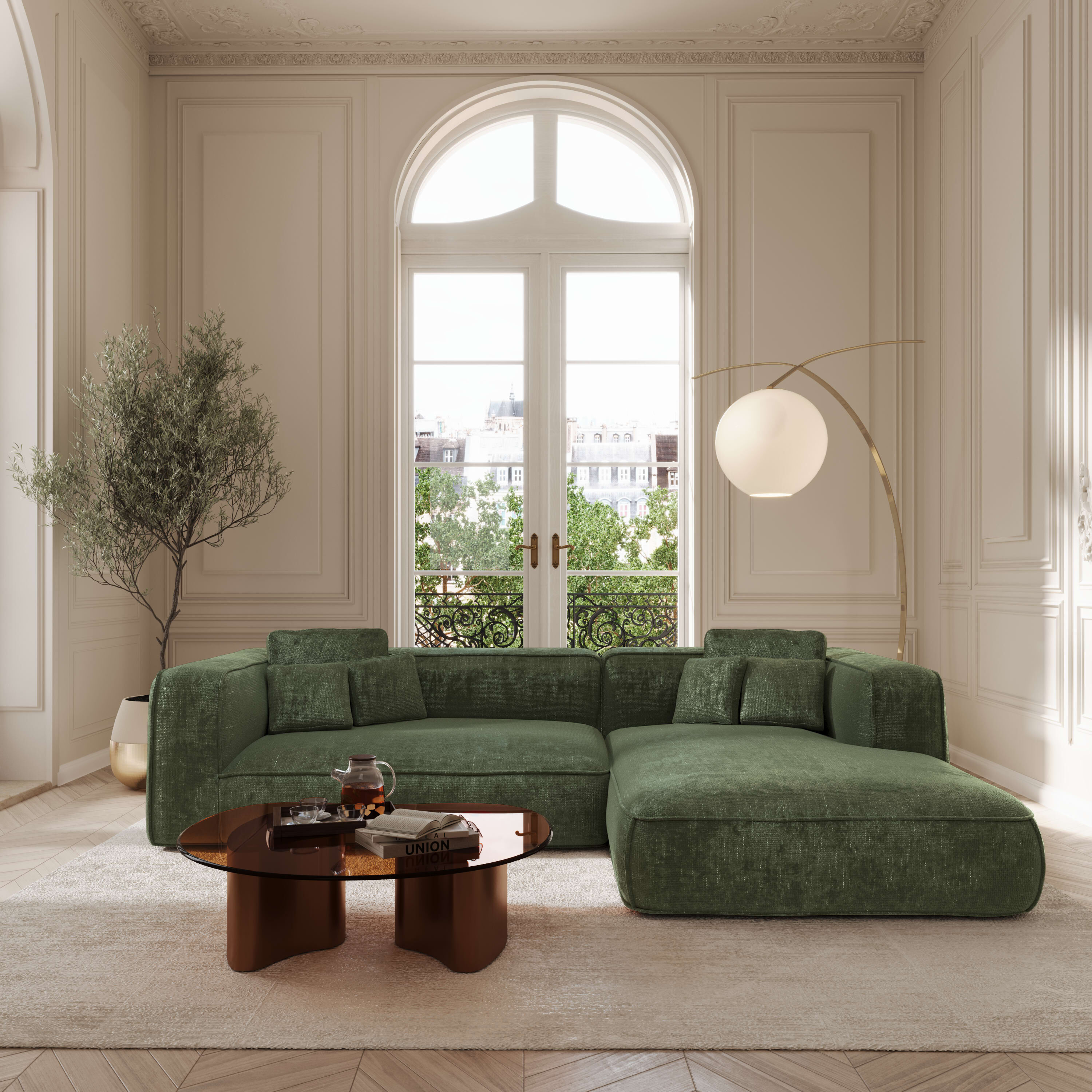 Canapé angle droit 255cm ROMY Velours tramé Vert olive - 255x160x70 ...
