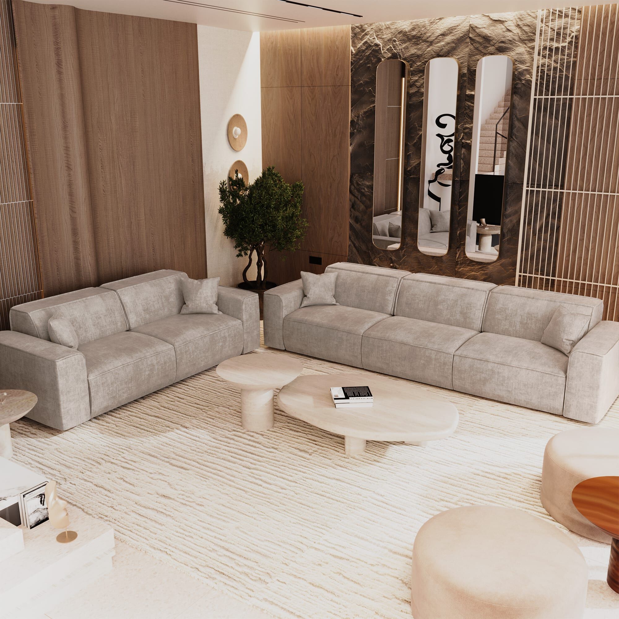Canapé 3 places avec 2 coussins décoratifs RUBEN Velours Taupe ...
